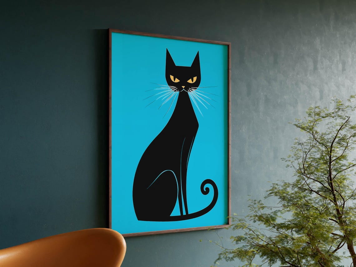 Miluva Mid Century Modern Cat Poster, Retro Minimalist Wall Art Print ...