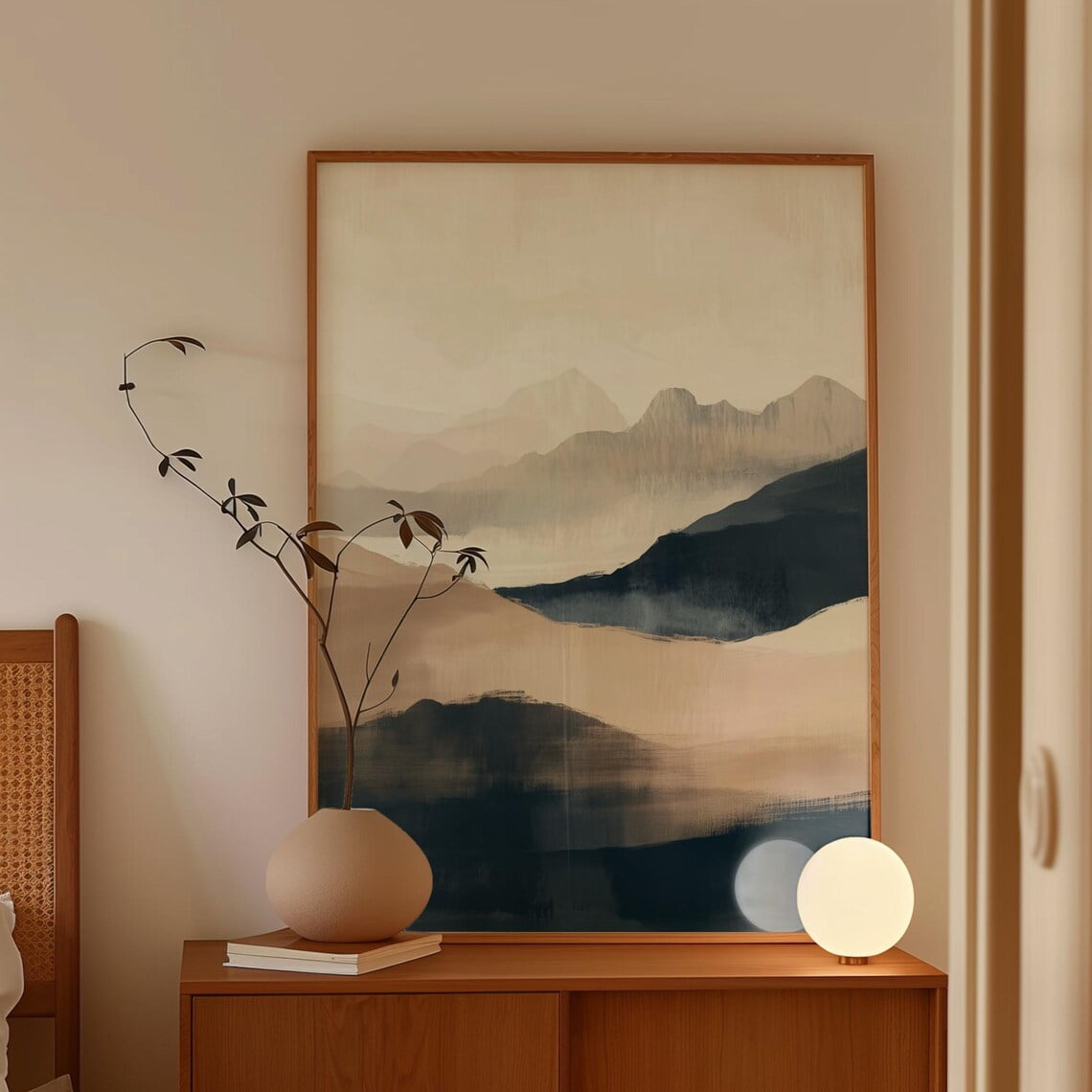 Miluva Midcentury Modern Abstract Print, Beige And Navy Mountain Art ...