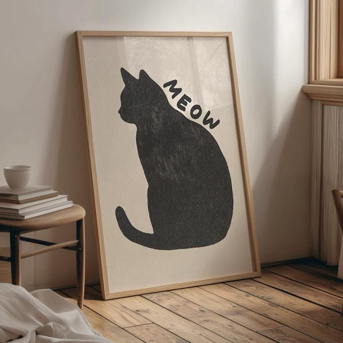 Miluva Minimalist Black Cat Wall Art Printable, Meow Typography In ...