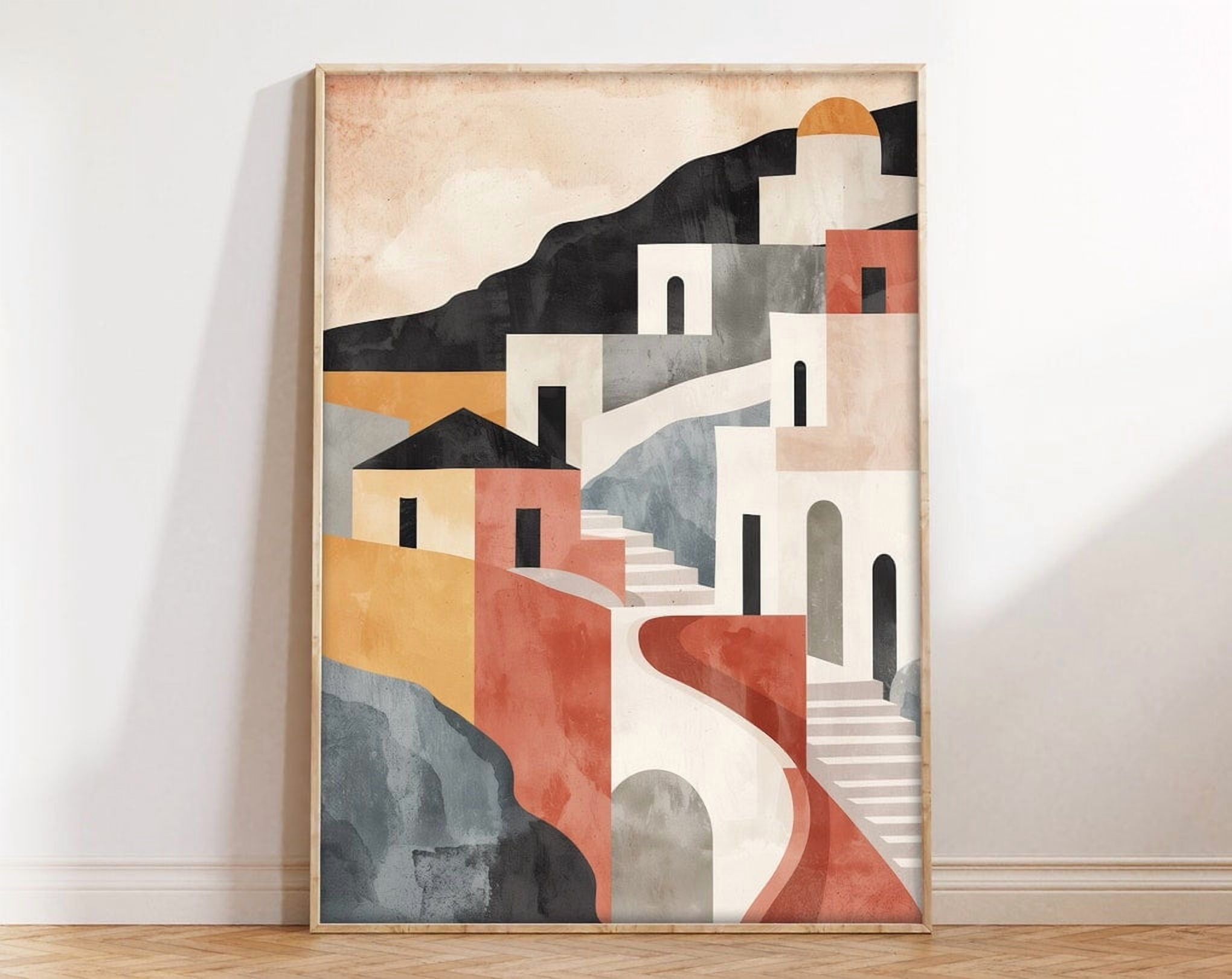 Miluva Minimalist Mediterranean Coastal Town Print, Geometric Town Art ...
