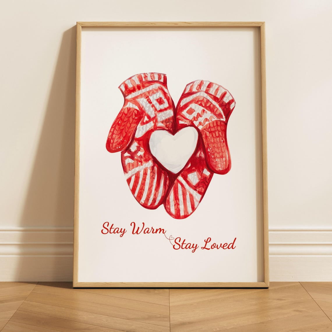 Miluva Minimalist Winter Mittens Wall Art - Red Gloves With Snow Heart ...