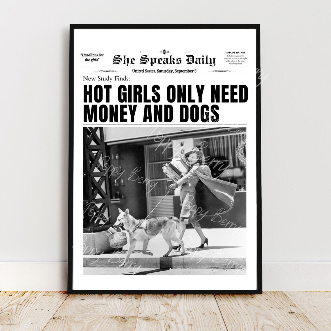 Miluva Money And Dogs Newspaper Print, Dog Lover Gift, Hot Girls Poster ...