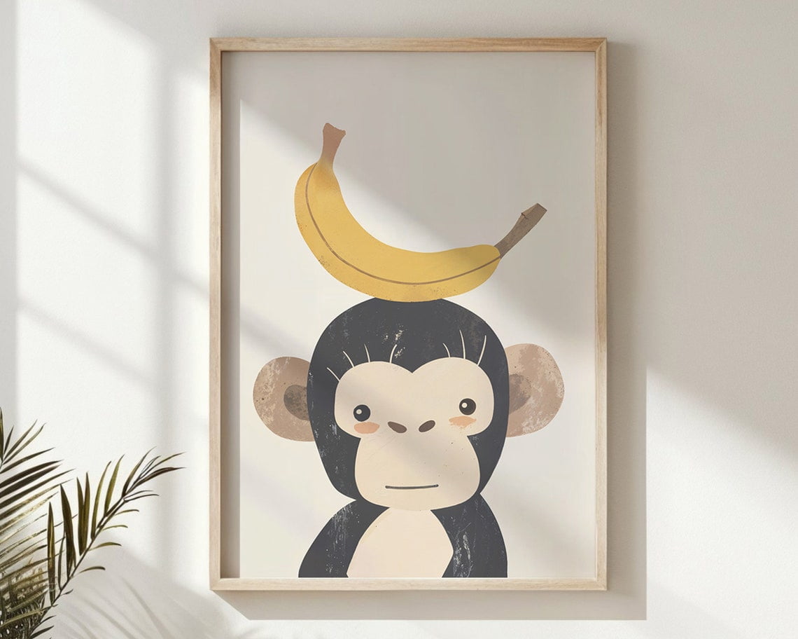 Miluva Monkey And Banana Nursery Wall Art, Kids Room Decor, Animal ...