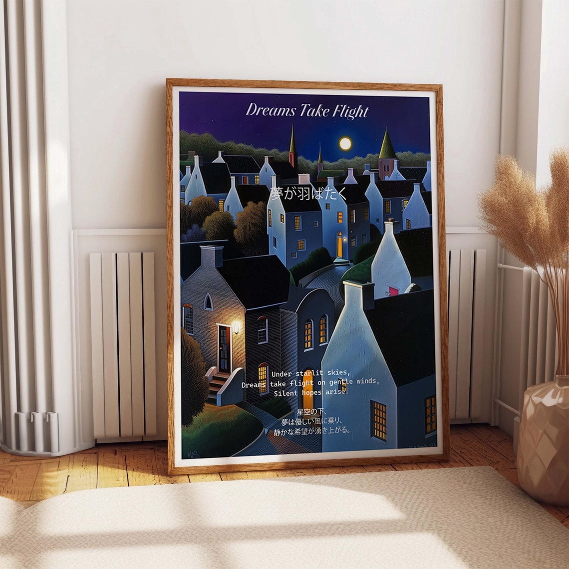 Miluva Moonlit Village Wall Art Print - Town Nighttime Landscape Art ...