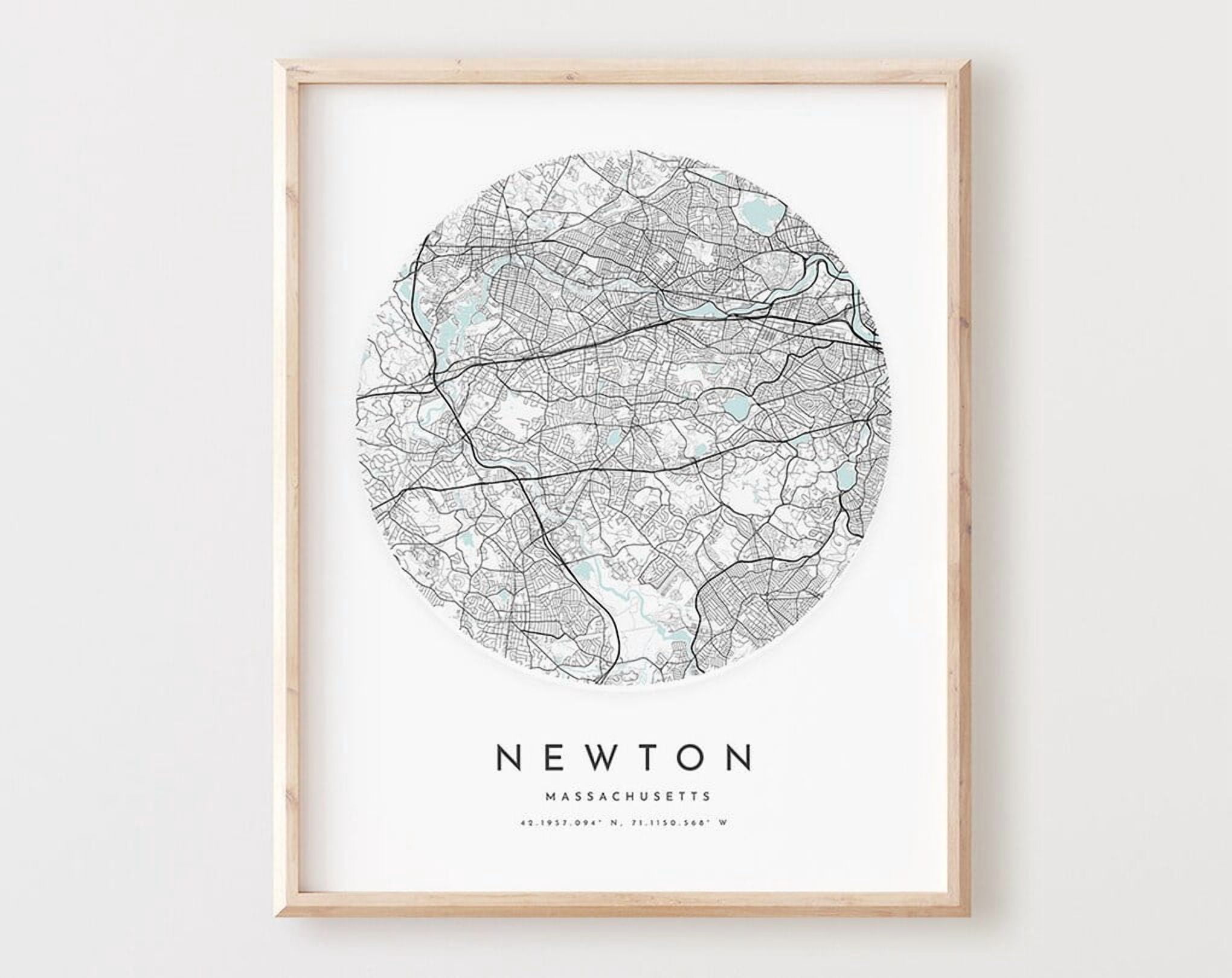 Miluva Newton Map Print, Newton Map Poster City Wall Art, Ma Road Map, Massachusetts Print ...