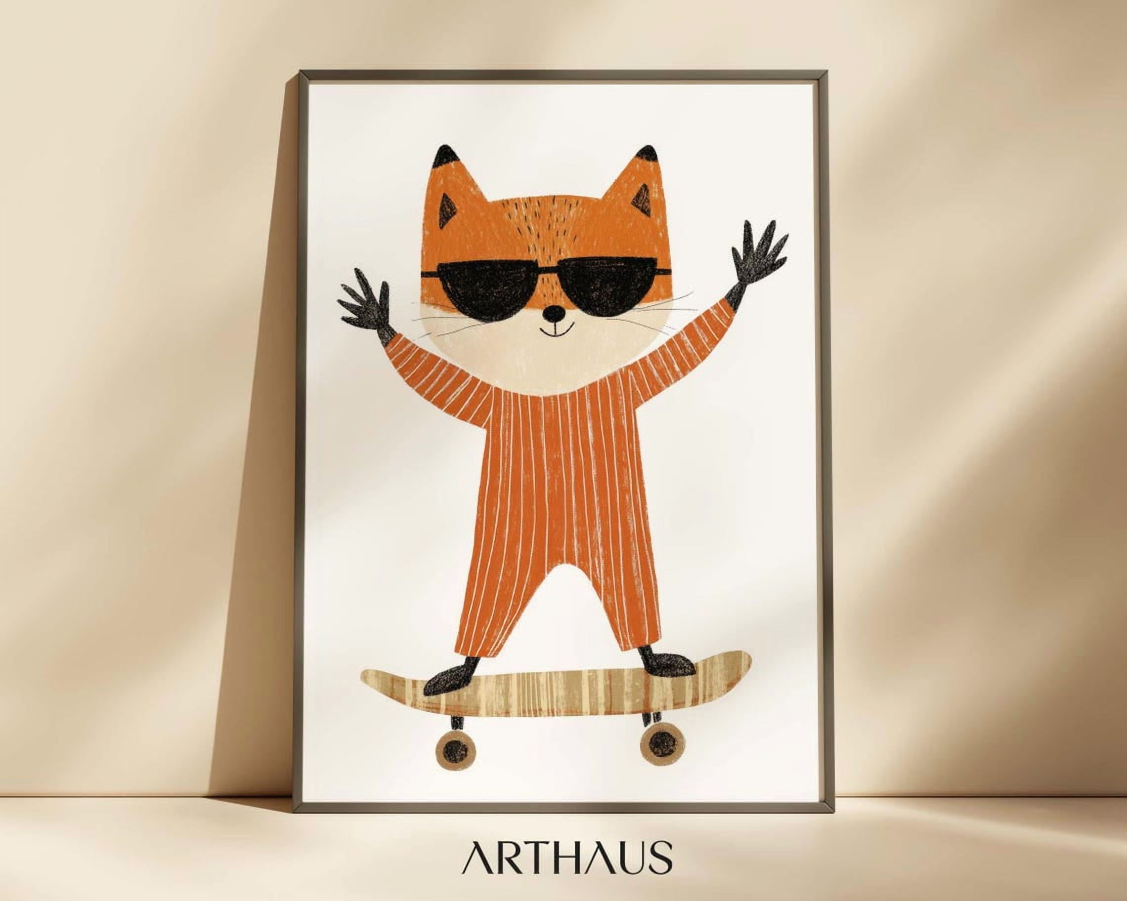 Miluva Nursery Fox Wall Art Kids Room Decor Cute Fox Skateboard Fox ...