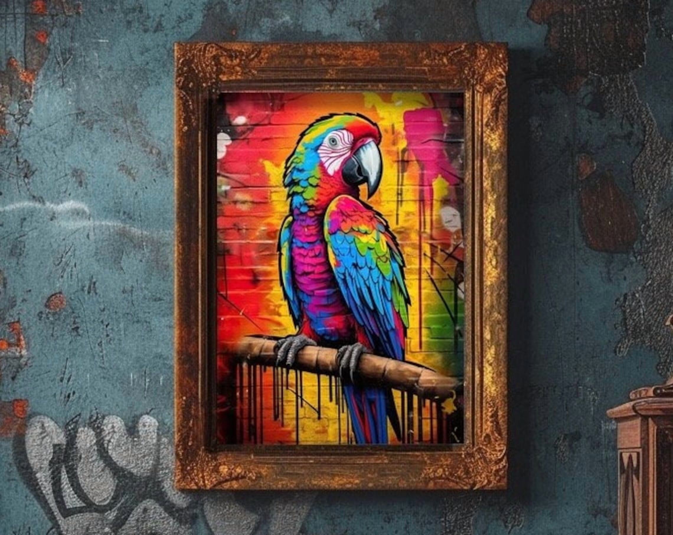 Miluva Parrot Graffiti Wall Art, Tropical Bird Street Art, Colorful ...
