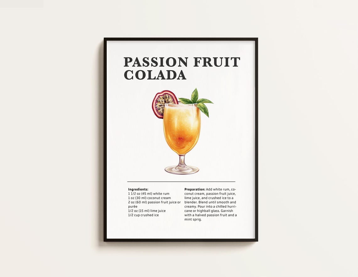 Miluva Passion Fruit Colada Poster, Colada Recipe, Cocktail Print, Bar ...