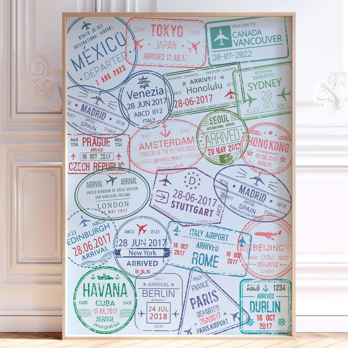 Miluva Passport Stamps Print, World Cities Travel Poster, Blue Retro ...