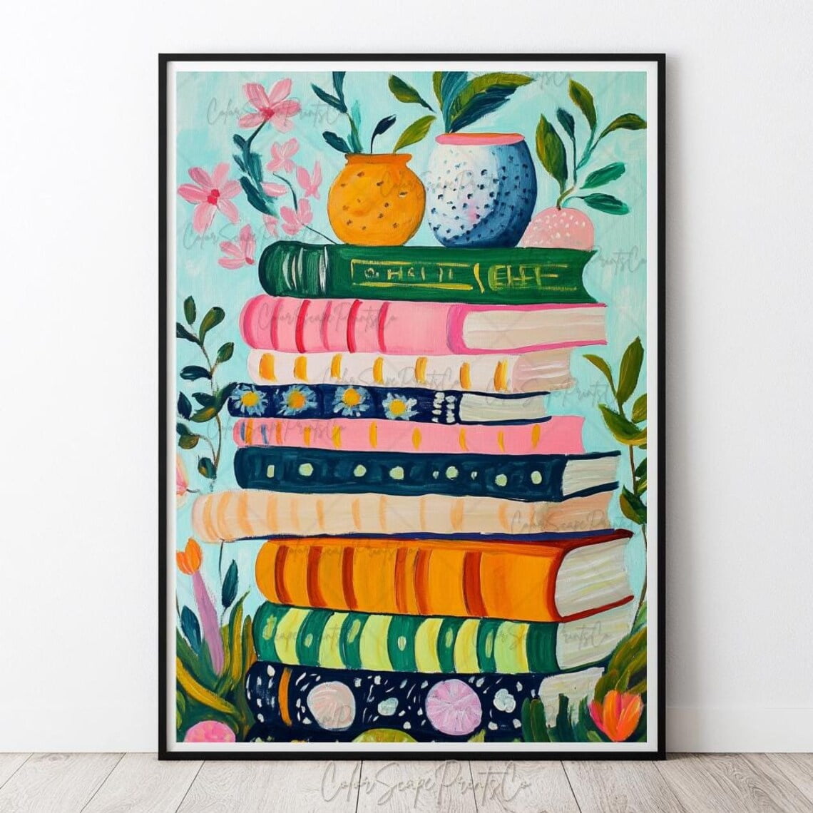 Miluva Pastel Book Stack Wall Art Floral Bookshelf Print Cozy Reading ...