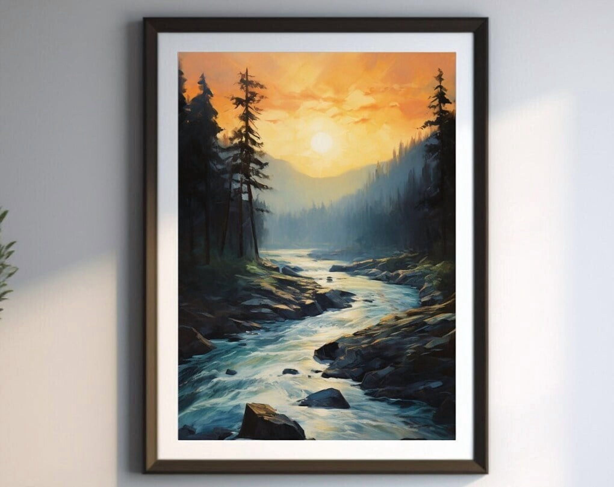 Miluva Peaceful Morning River Art Print Warm Gold Mountain Sunrise Over ...