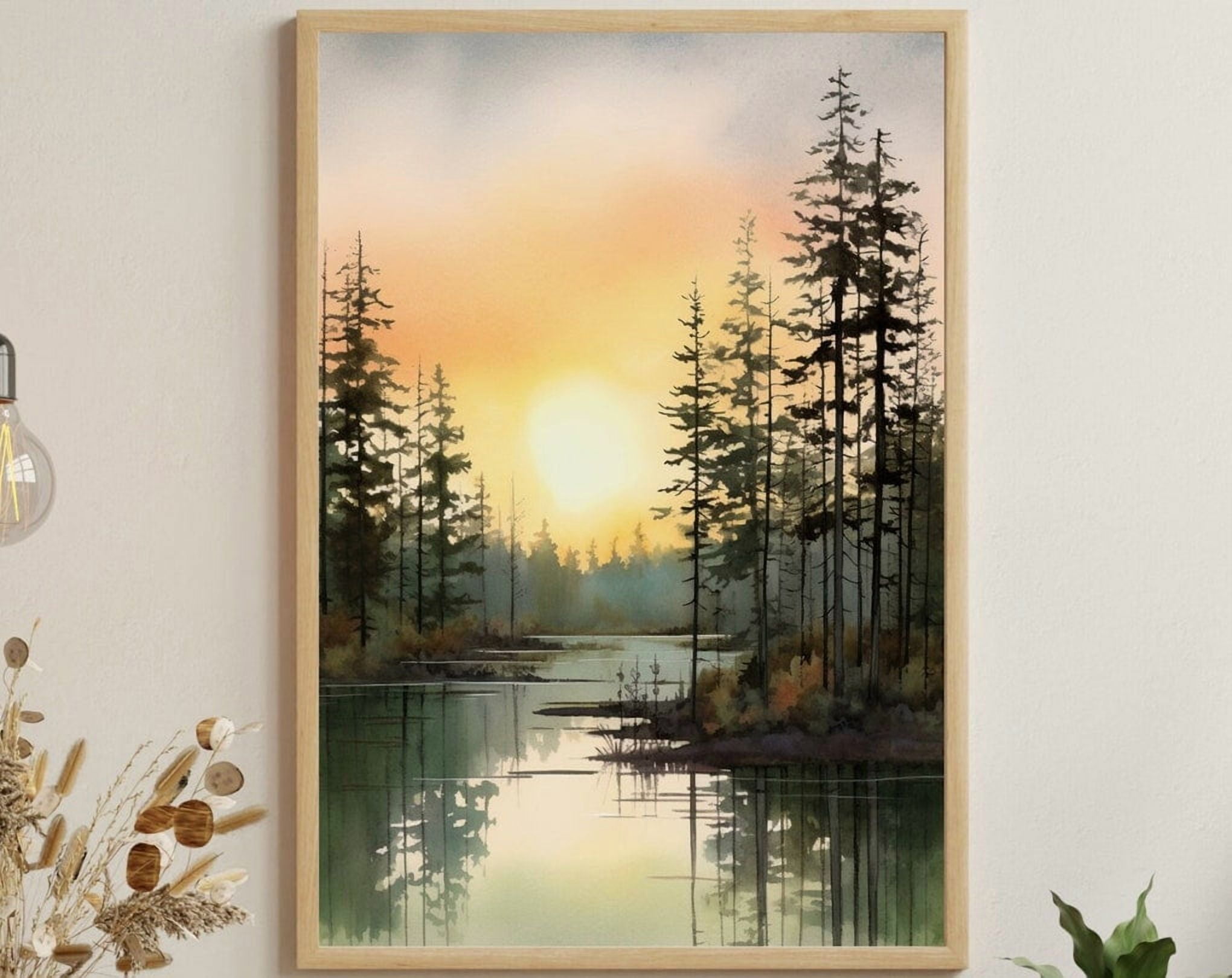 Miluva Peaceful Pine Forest Silk , Twilight Lake Reflection Artwork ...