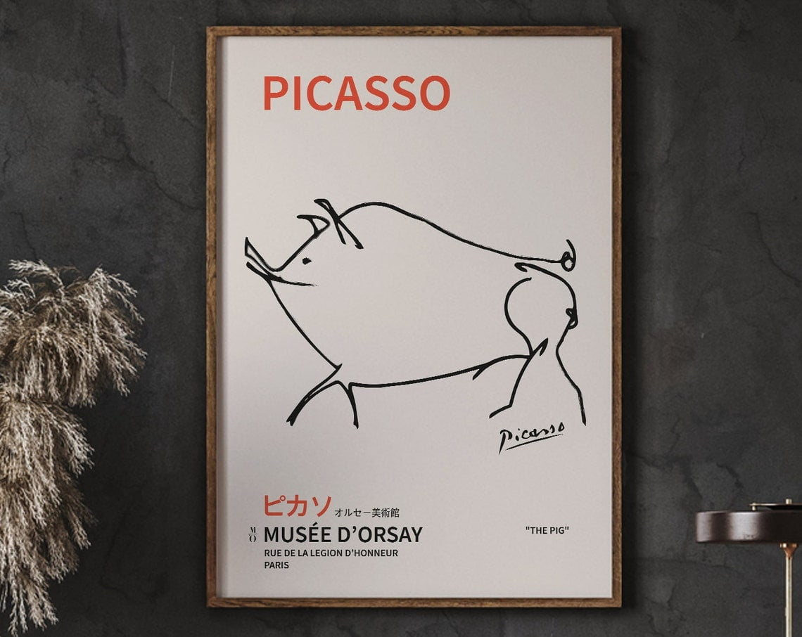 Miluva Picasso - Pig, Line Drawing Bedroom Art Print, Vintage Poster ...
