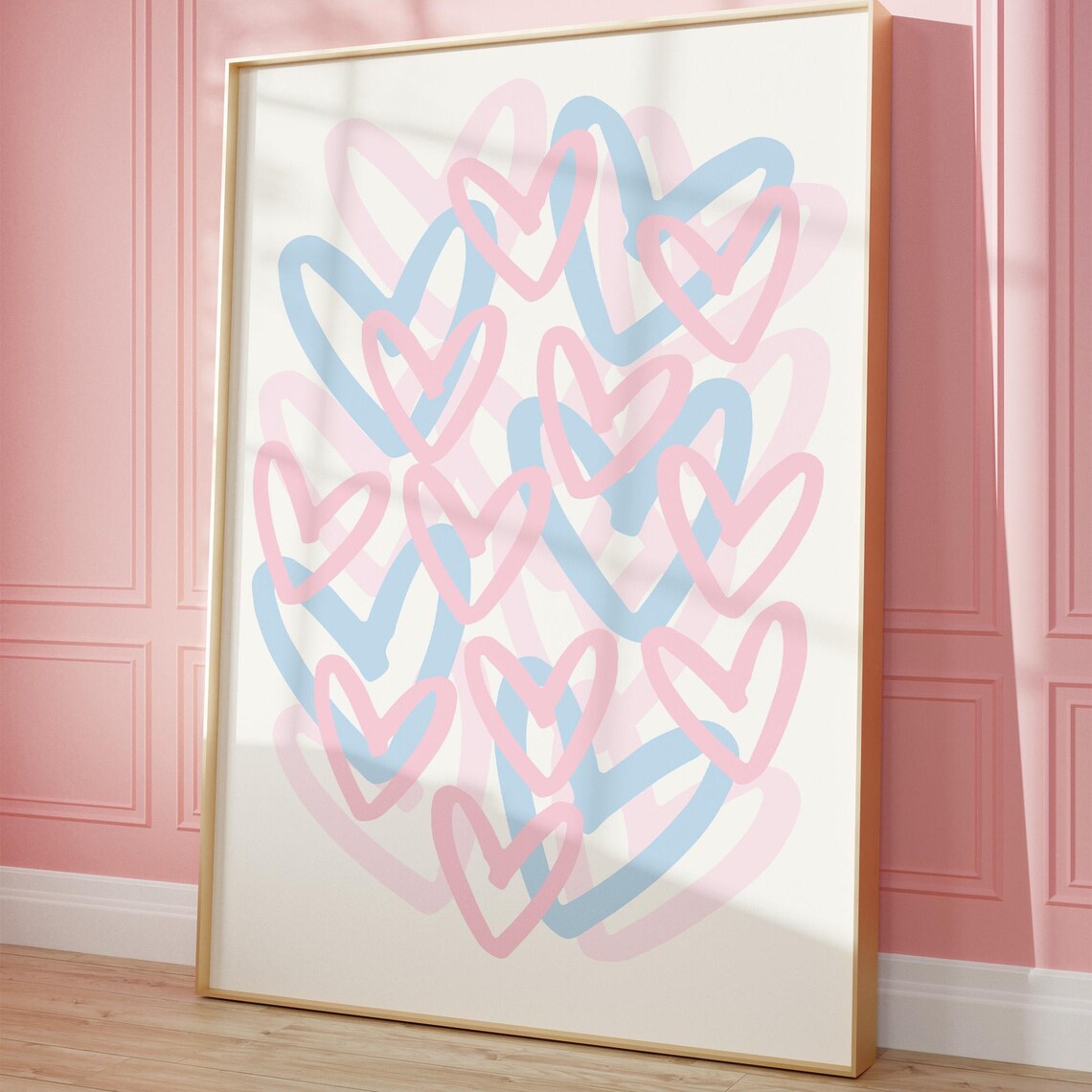 Miluva Pink Blue Preppy Hearts Print, Trendy Wall Art, Girly Dorm Room ...