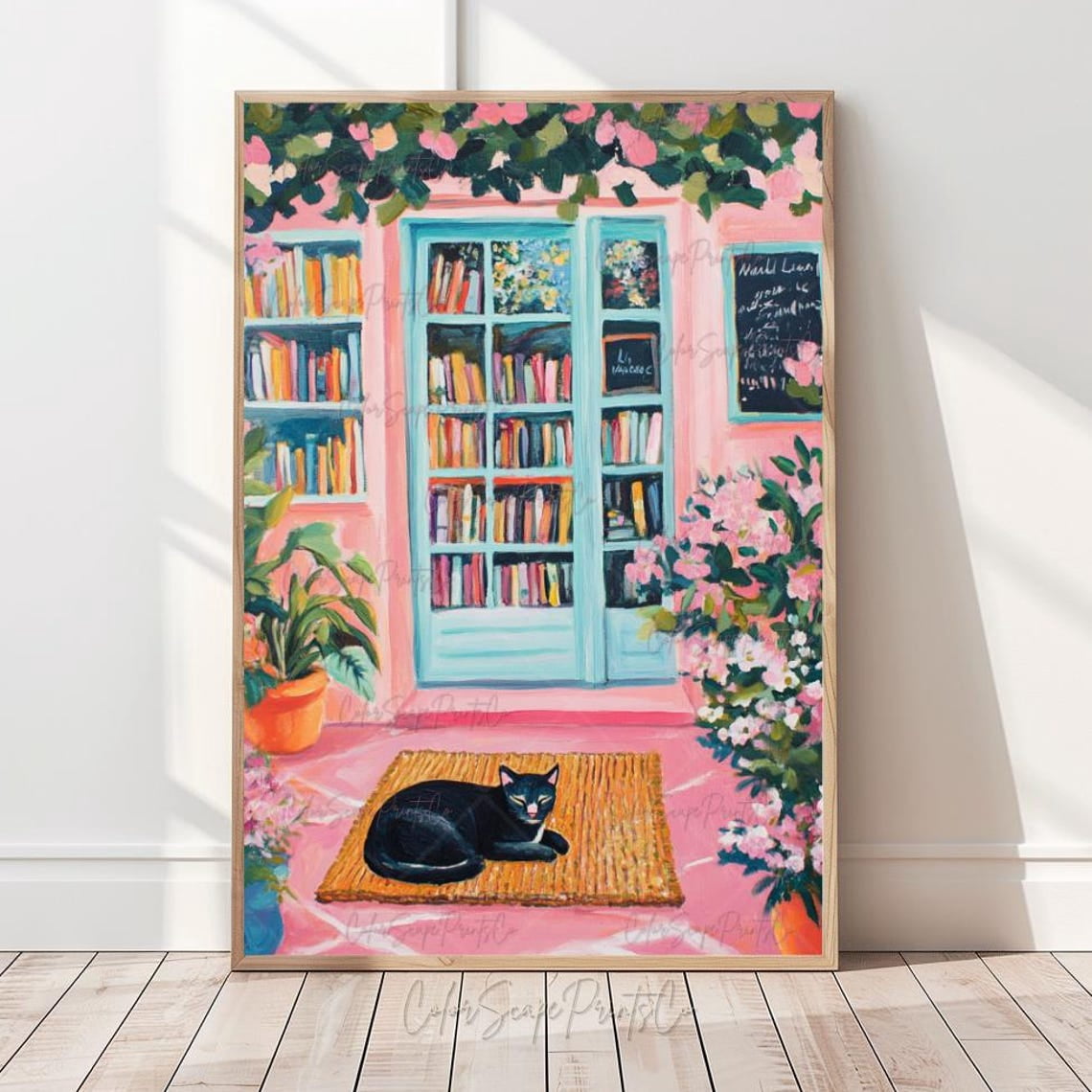 Miluva Pink Bookshop Illustration Sleeping Cat Print Cozy Bookstore Art ...
