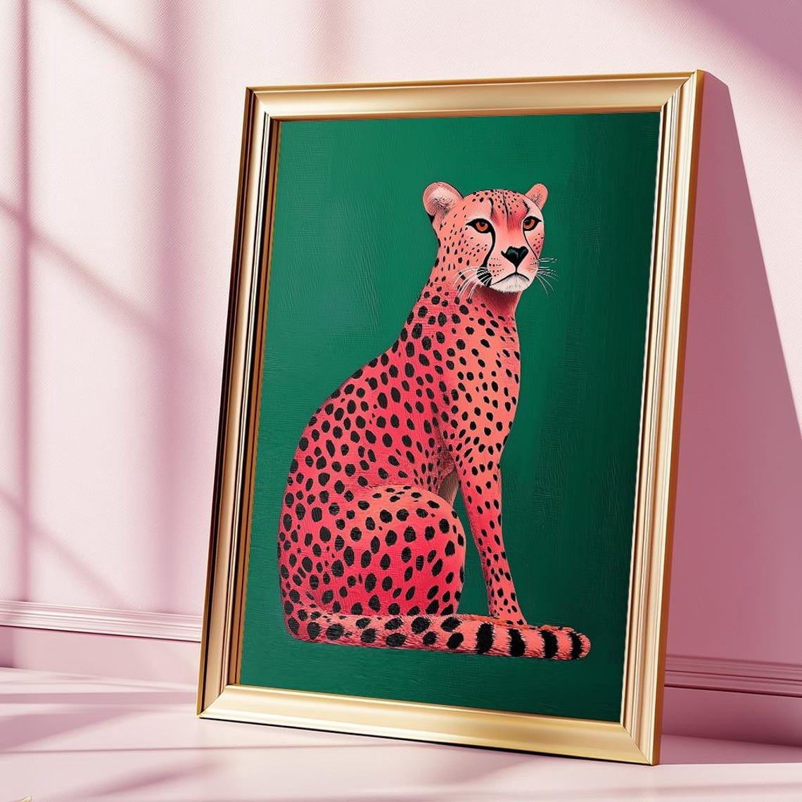 Miluva Pink Cheetah On Green Art Print, Emerald Green Modern Art ...