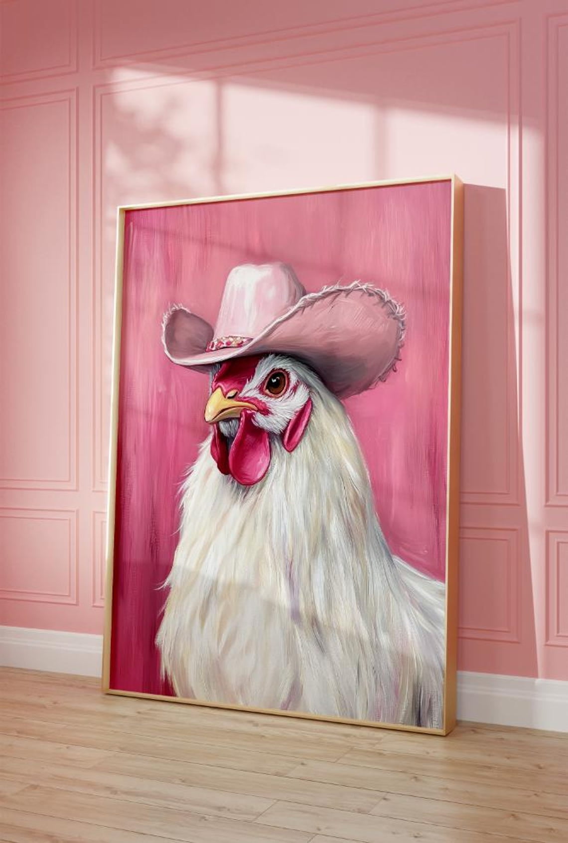 Miluva Pink Chicken Print, Funky Cowboy Chicken Poster, Cute Pink Decor ...