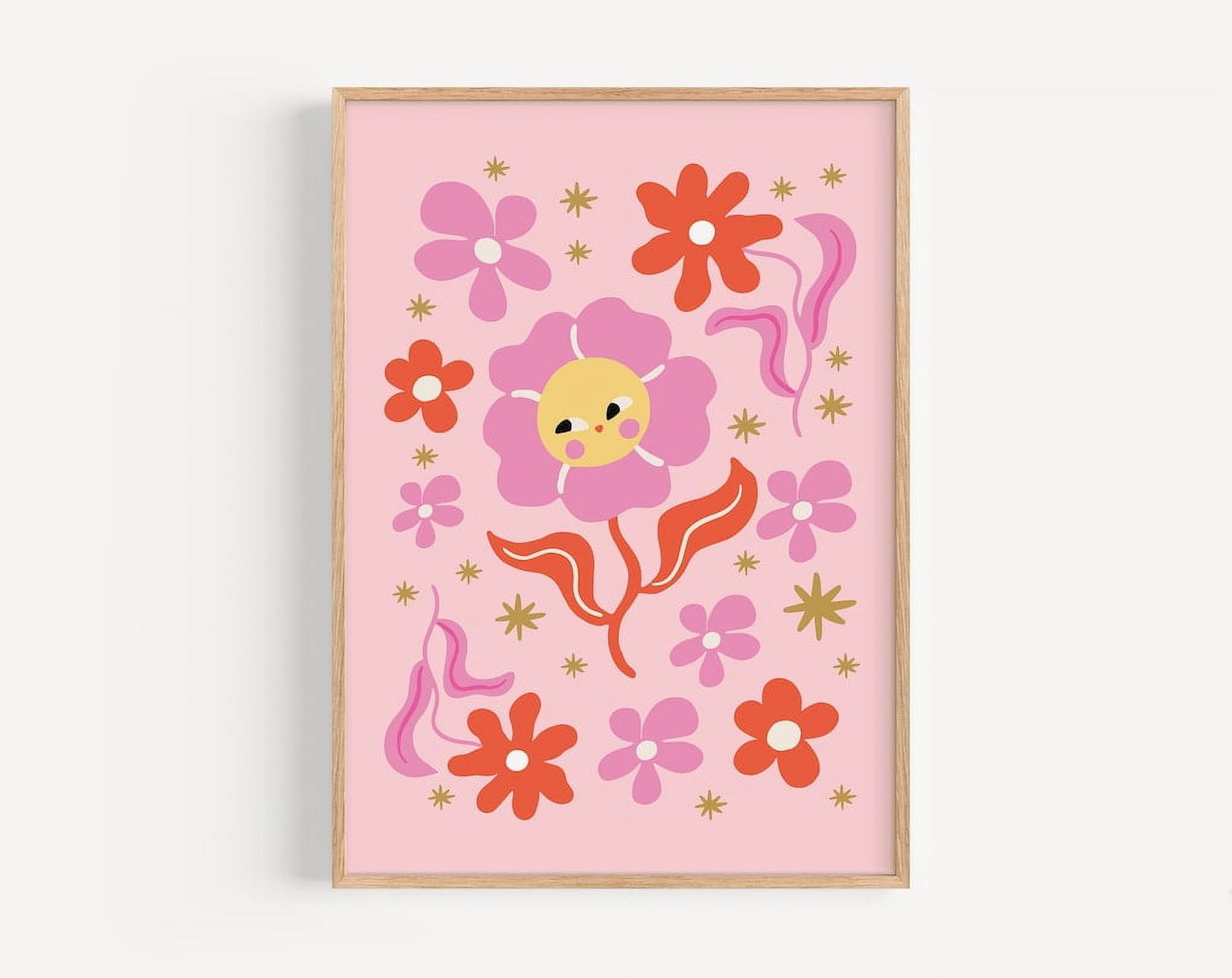 Miluva Pink Flower Print, Kids Retro Wall Art, Quirky Modern Nursery ...