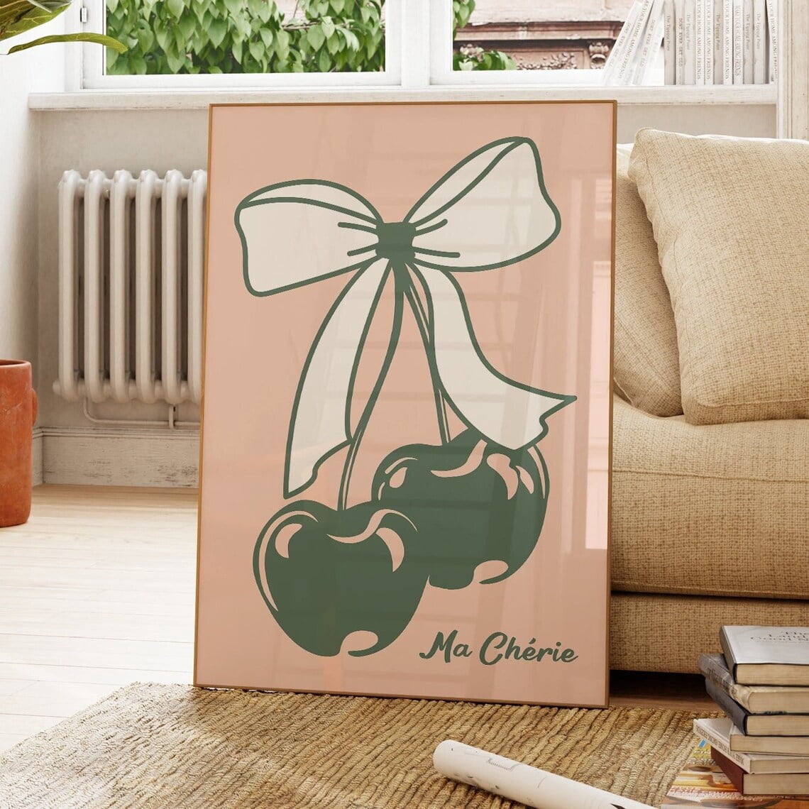 Miluva Pink Green Bow Cherry Poster, Hand Illustrated Bow Wall Art ...