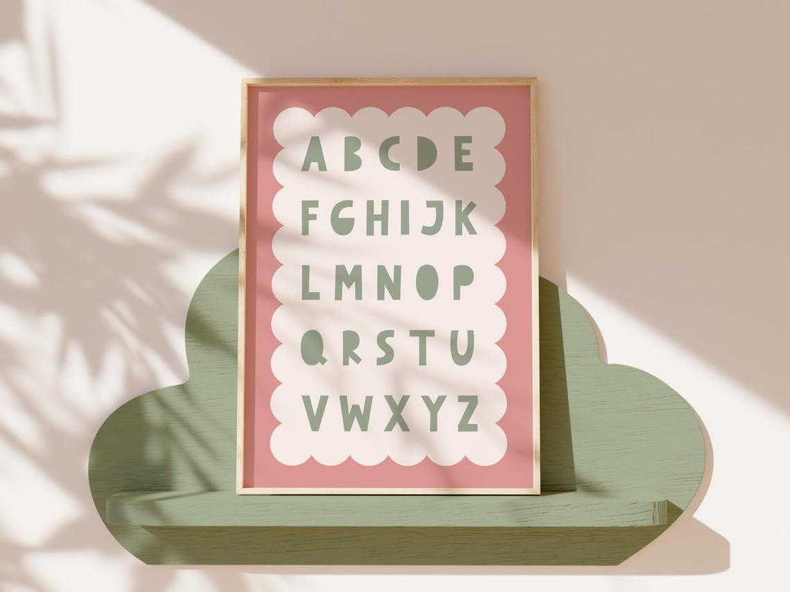 Miluva Pink & Sage Green Abc Print Kids Playroom Nursery Printable Wall ...