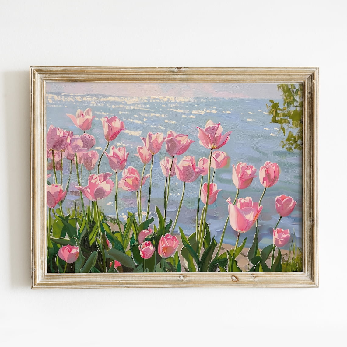 Miluva Pink Tulips Wall Art, Trendy Lake Landscape Spring Print, Preppy ...