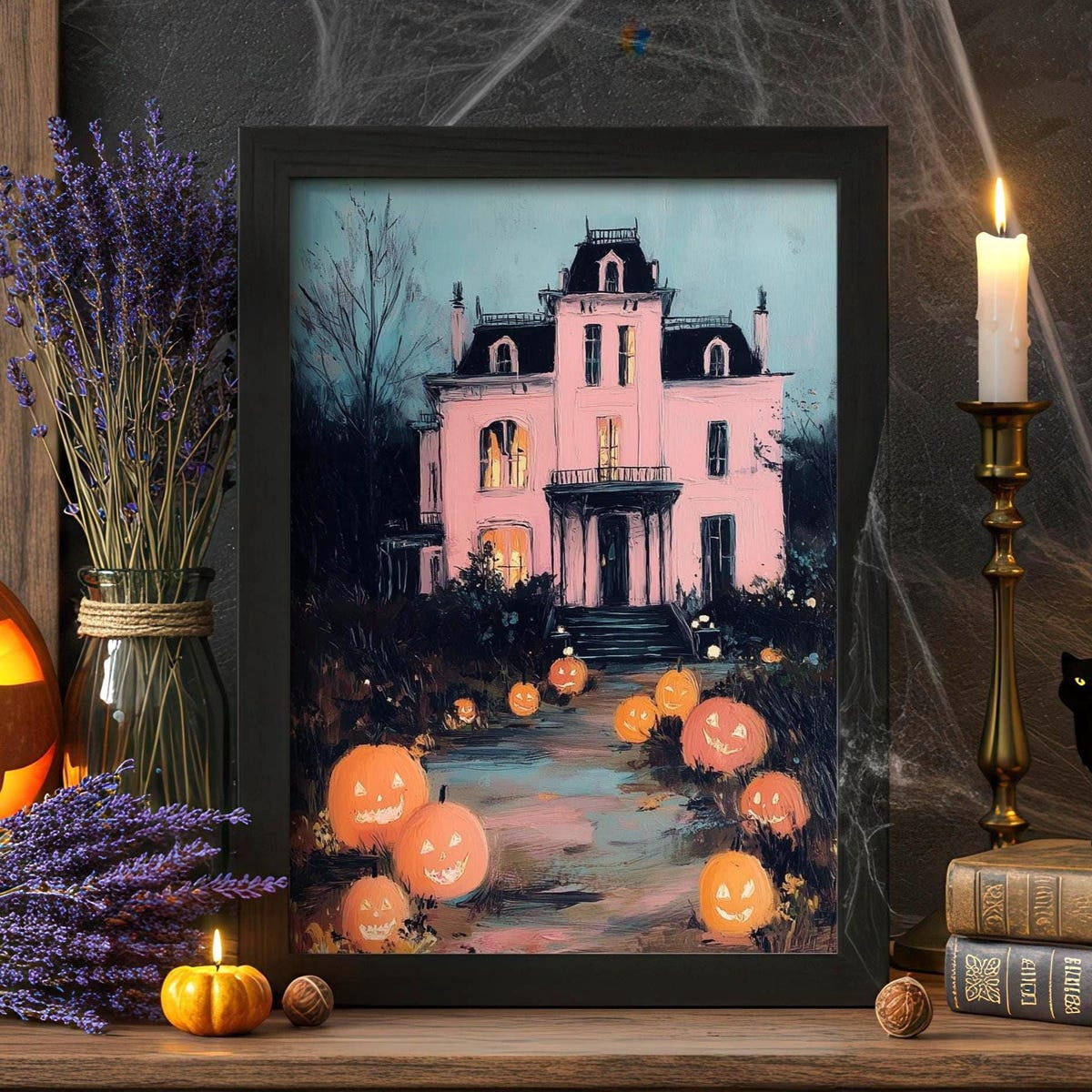 Miluva Pink halloween wall art haunted house pink goth poster cute ...