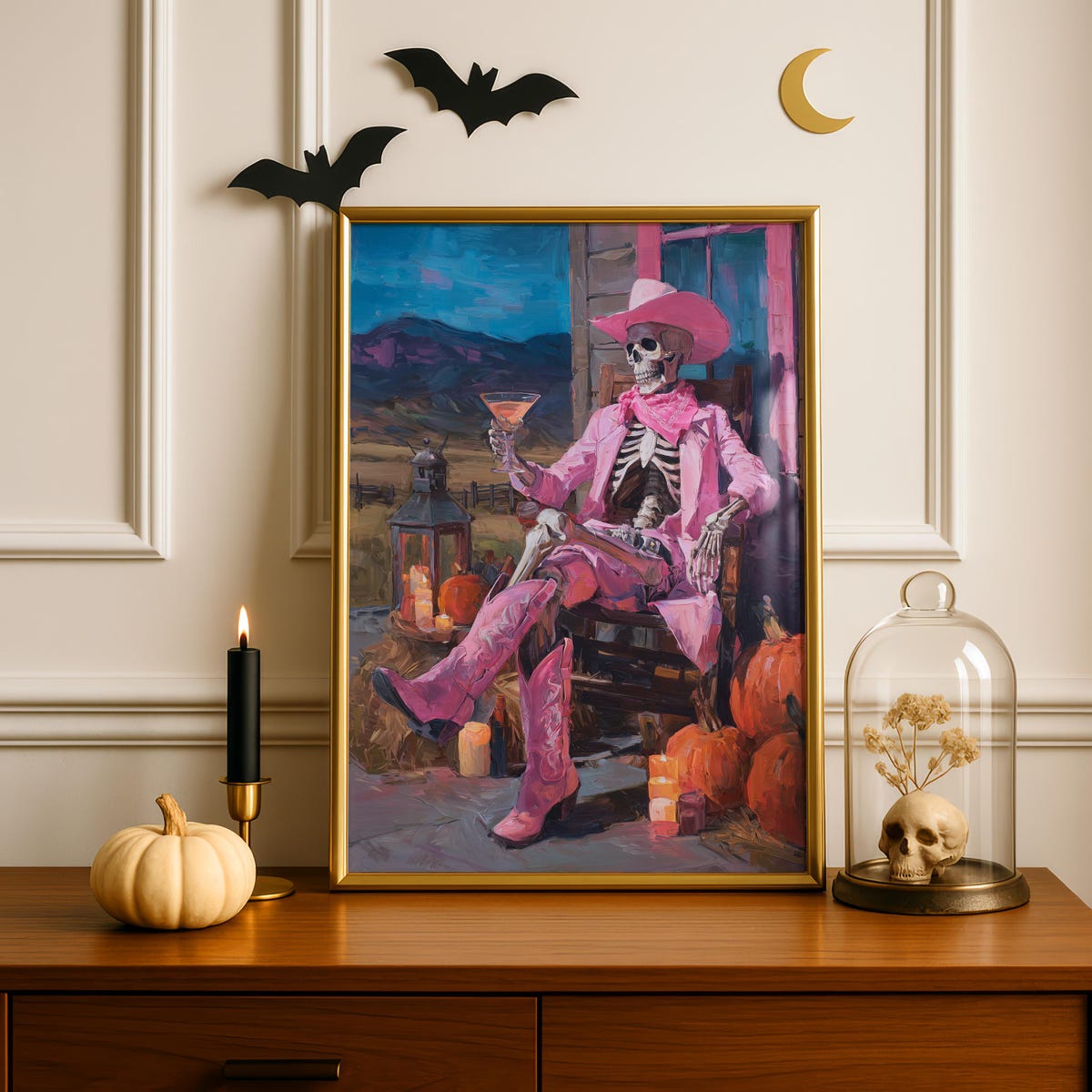 Miluva Pink halloween wall art skeleton cowgirl poster spooky pink ...