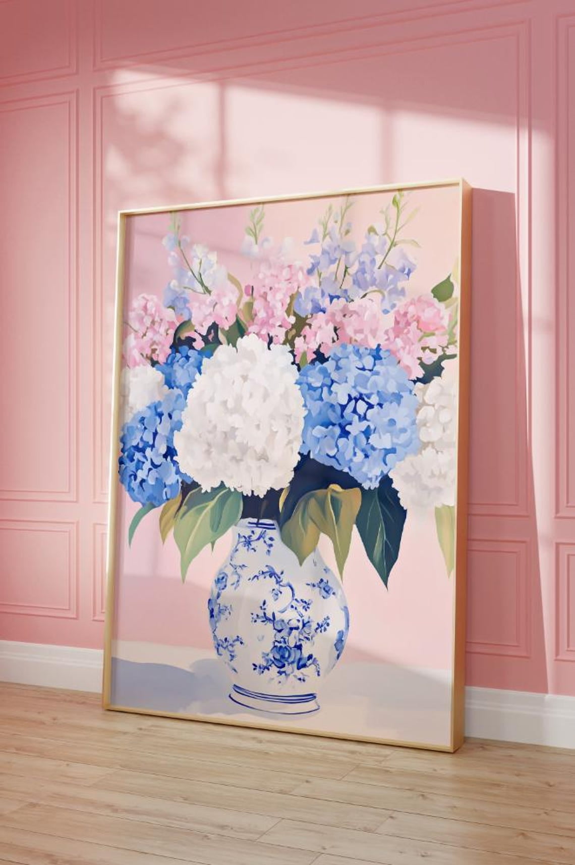 Miluva Preppy Hydrangea Chinoiserie Art, Preppy Blue Pink White Floral ...