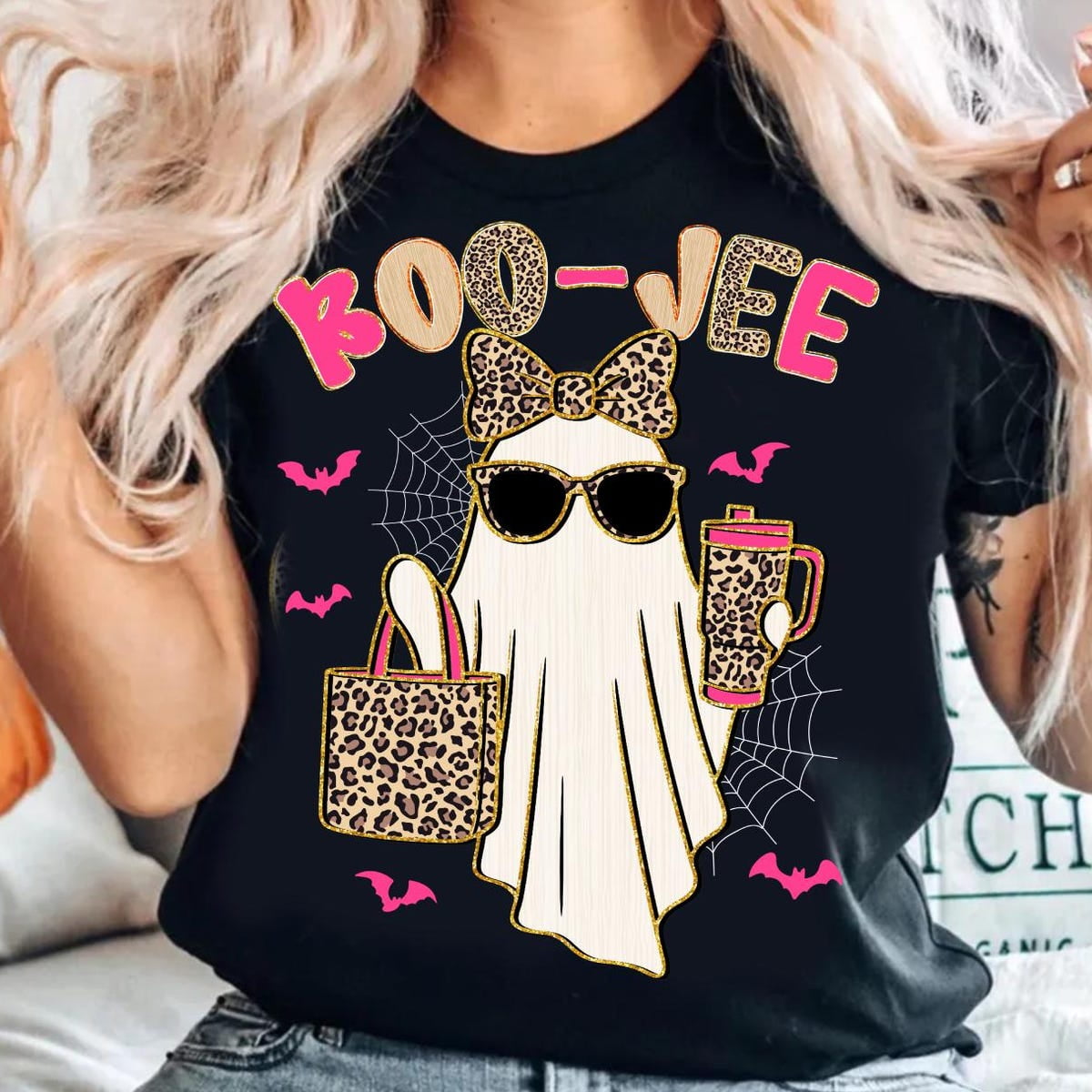 Miluva Preppy Leopard Ghost Boo Jee , Pink Halloween Coffee Ghost ...