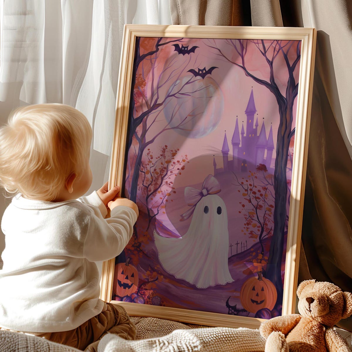 Miluva Preppy pink sheet ghost with bow on her head spooky poster or ...