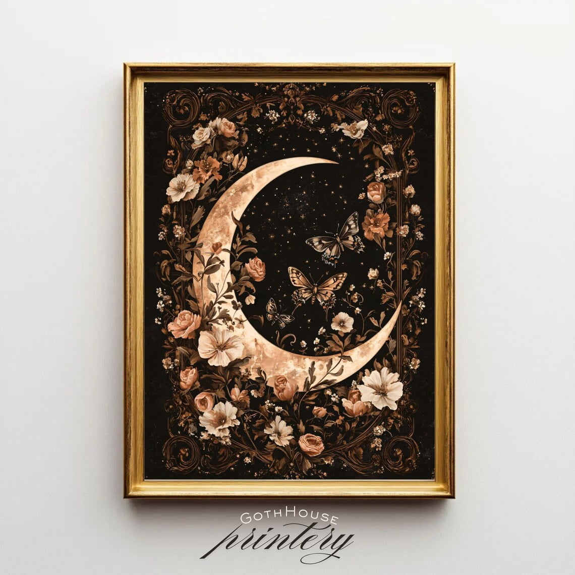 Miluva Printable Crescent Moon Wall Art, Dark Floral Moon Phase Print ...