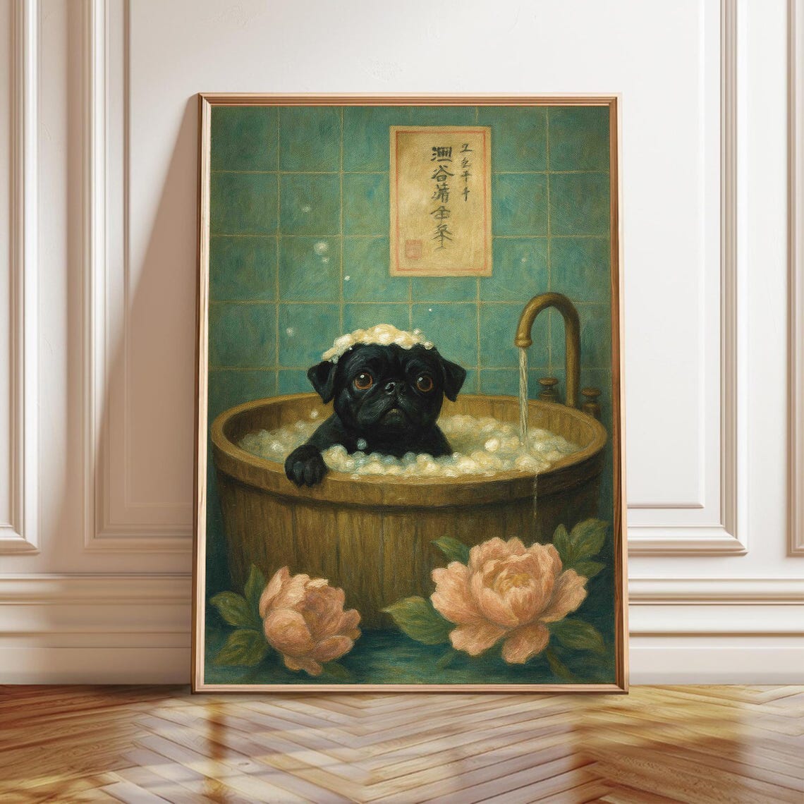 Miluva Pug Dog In Bathtub Print, Japandi Bathroom Decor, Japanese ...
