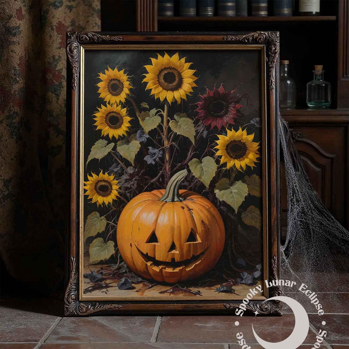 Miluva Pumpkin sunflowers art print halloween jack o lantern dark ...