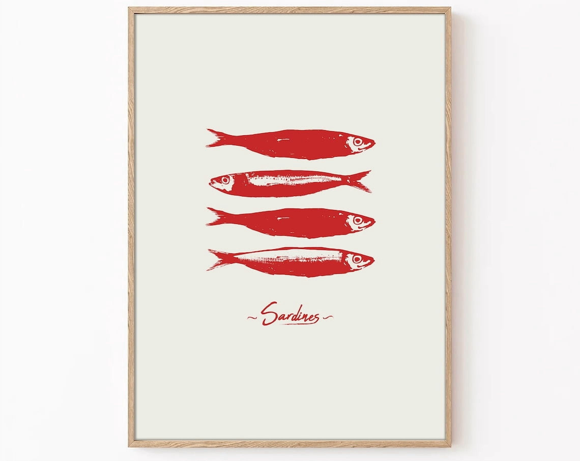 Miluva Red Colour Poster, Red Sardines Print, Sardines Wall Art, Retro ...