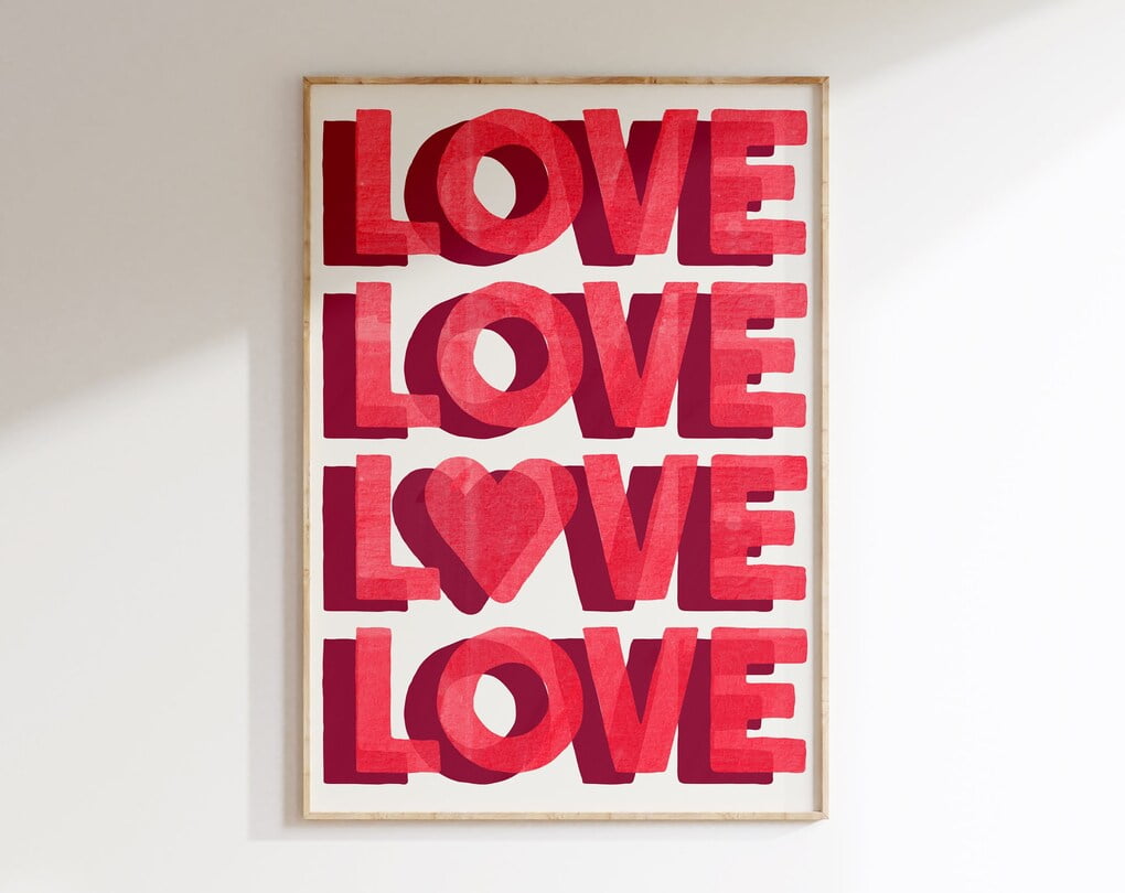 Miluva Red Love Print Pink Valentines Day Card Risograph Heart Print ...