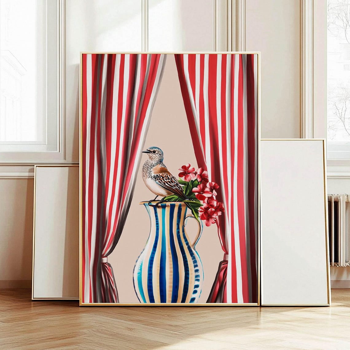 Miluva Red Stripy Art Print, Adorable Wall Decor For Spring Season ...