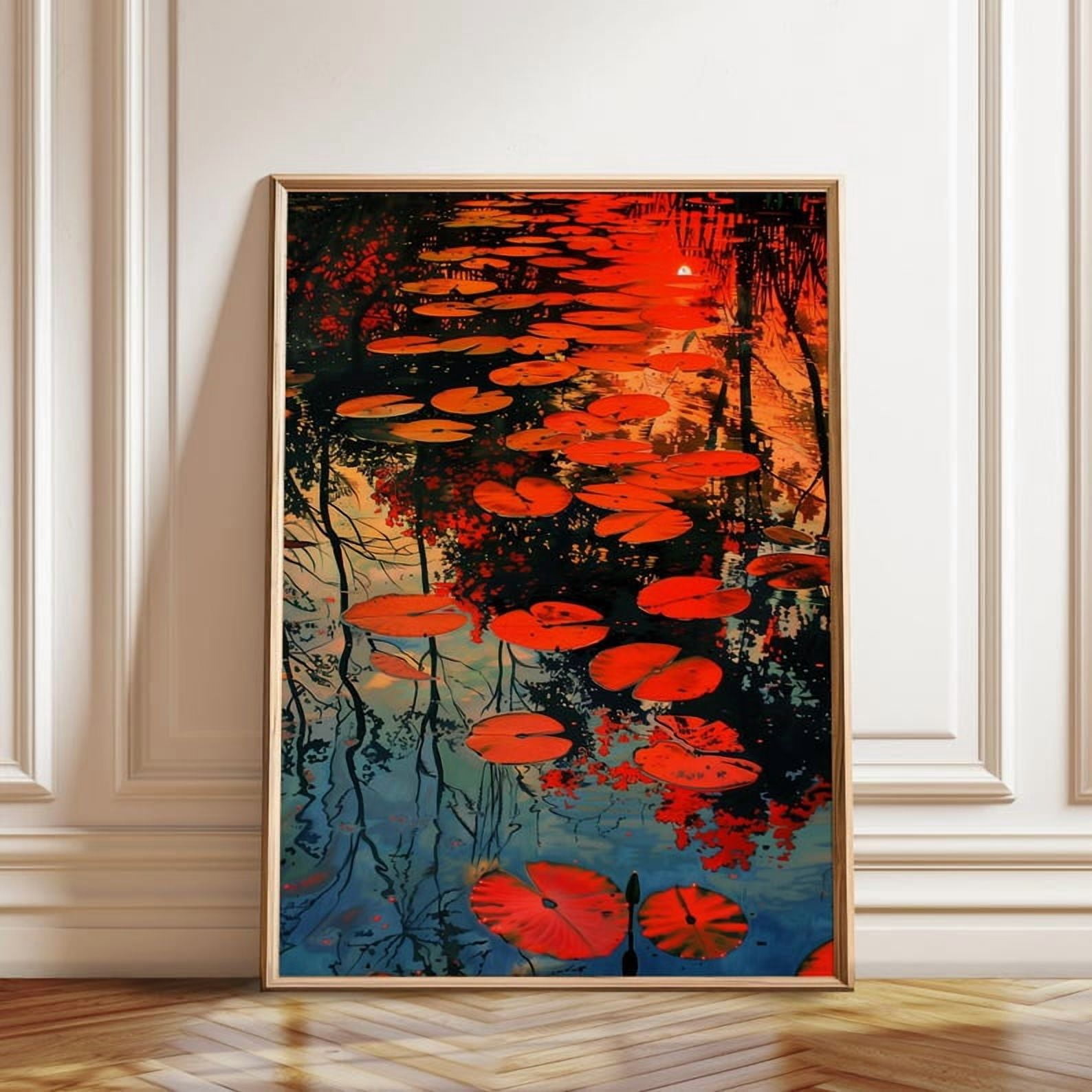 Miluva Red Water Lilies Reflection Wall Art - Abstract Lily Pond Art ...