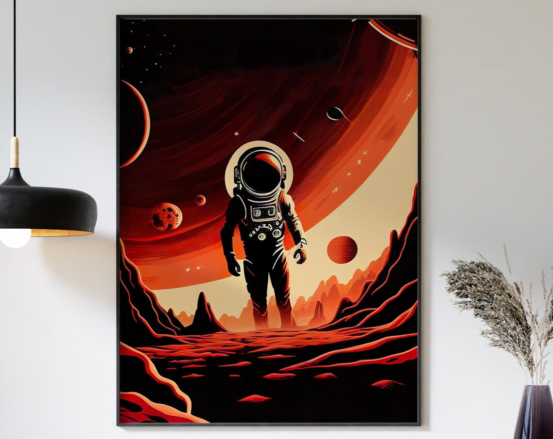 Miluva Retro Astronaut Wall Art, Vintage Space Poster, Astronaut Decor Gifts, Planet Mars Poster ...