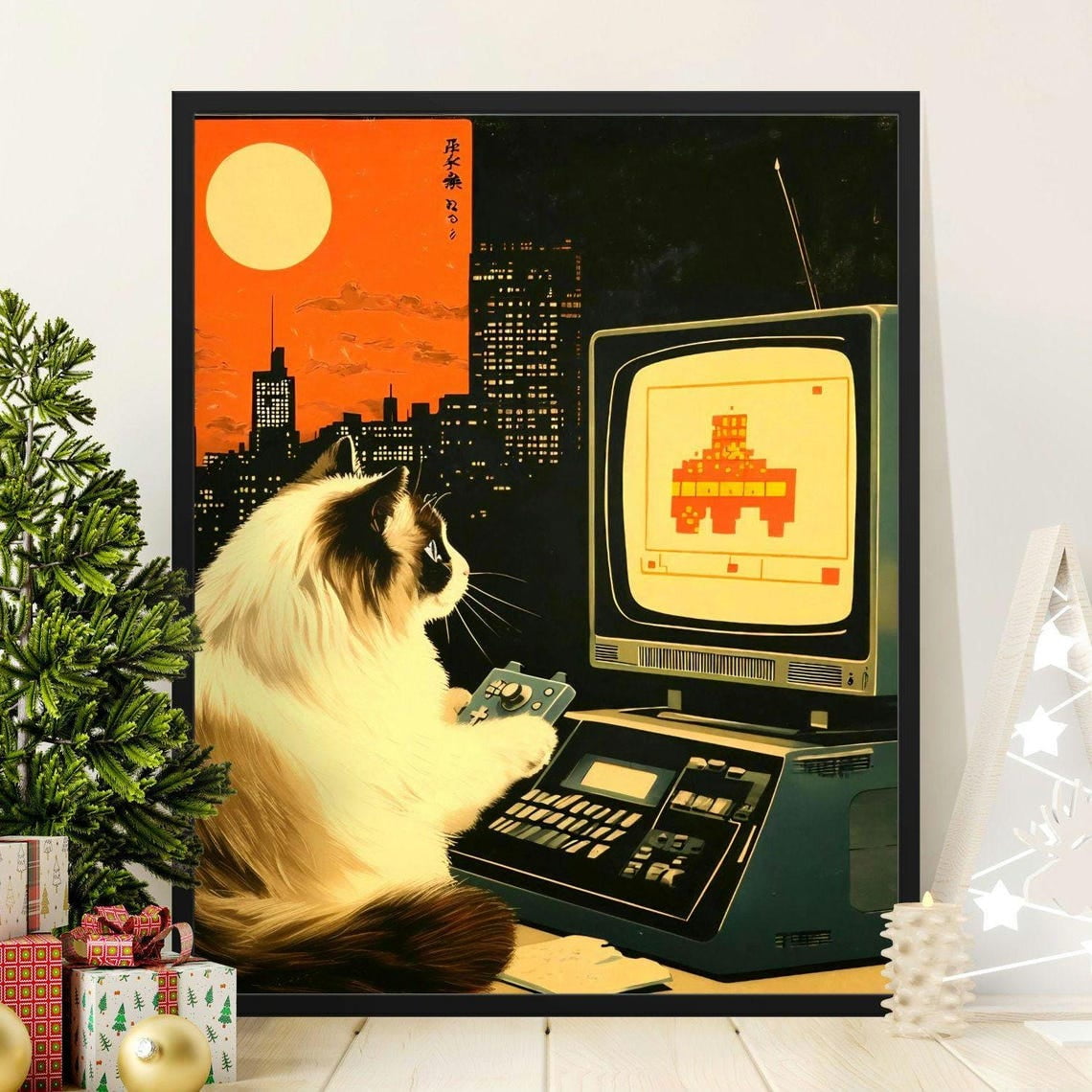 Miluva Retro Cat Gamer Poster, Vintage Style Cat On Computer Art, Cute ...