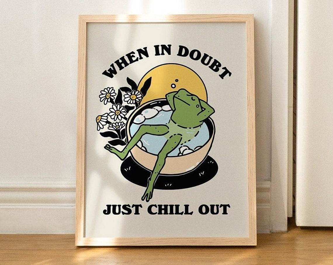 Miluva Retro Frog Wall Print, Chill Quote, Vintage Frog, Retro Flowers ...