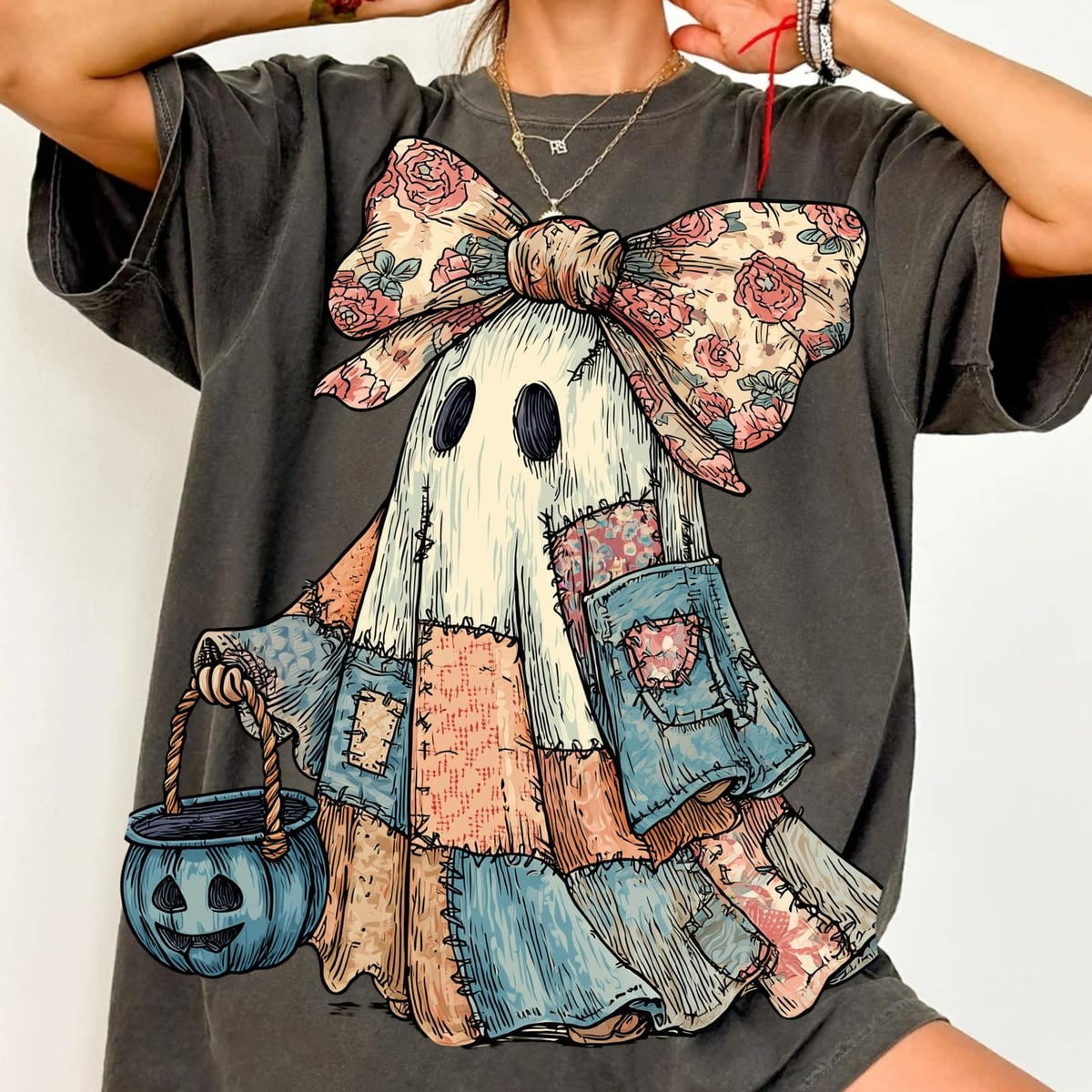 Miluva Retro Halloween Blue Denim Ghost , Trendy Patchwork Spooky Ghost ...