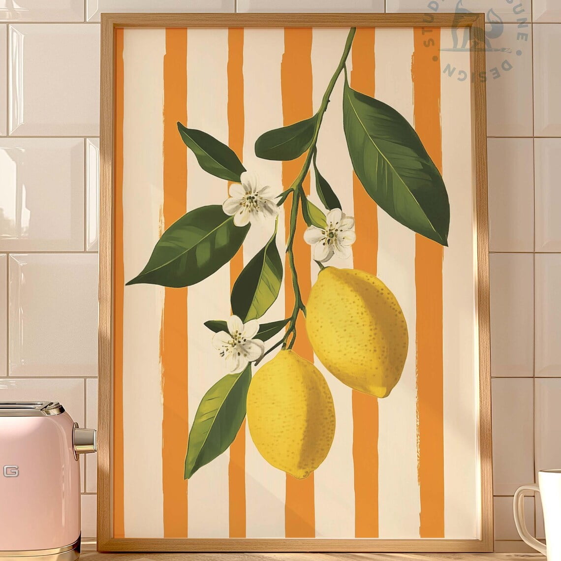 Miluva Retro Lemons Flowers Print, Striped Lemon, Vibrant Modern Wall ...