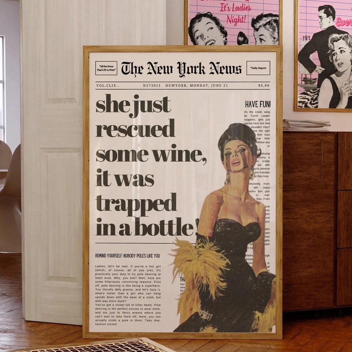 Miluva Retro Newspaper Poster, Wine Print, Bar Cart Decor, Kitchen ...