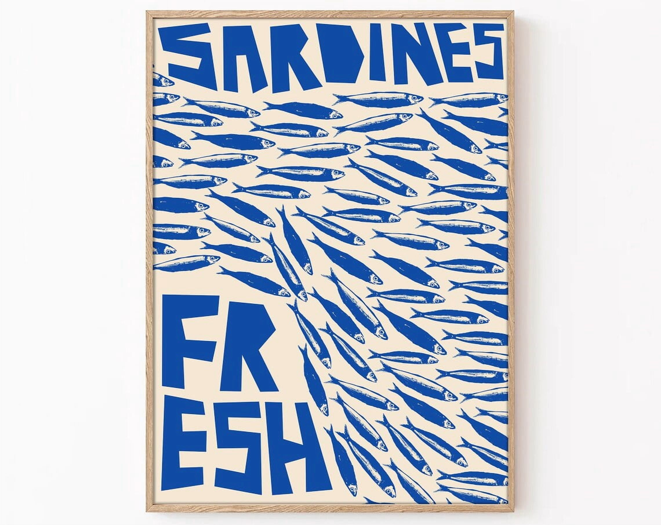 Miluva Retro Sardines Print, Blue Kitchen Print, Sardines Wall Art ...