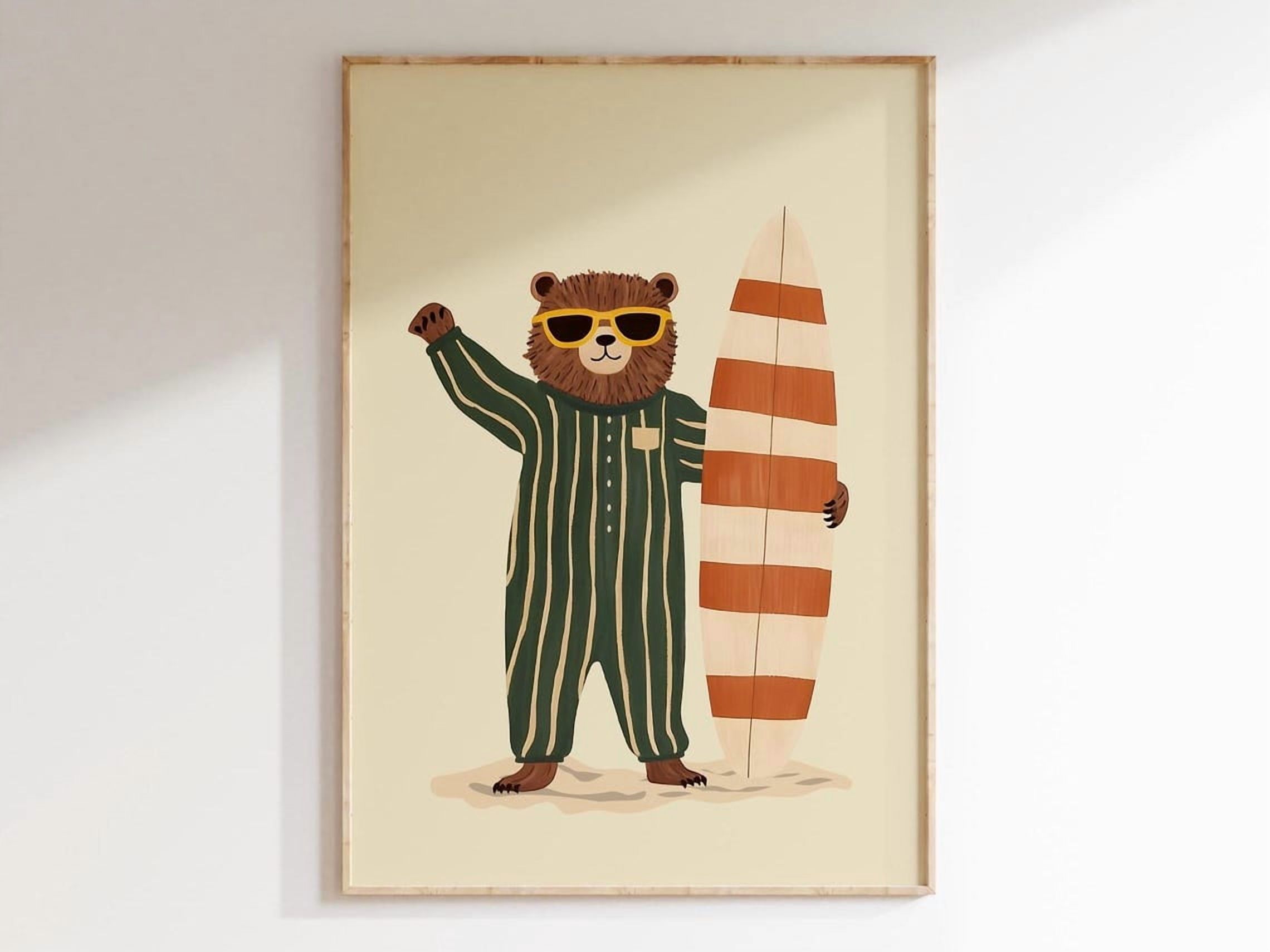 Miluva Retro Surf Bear Wall Art Print Beach Nursery Decor Summer Animal ...