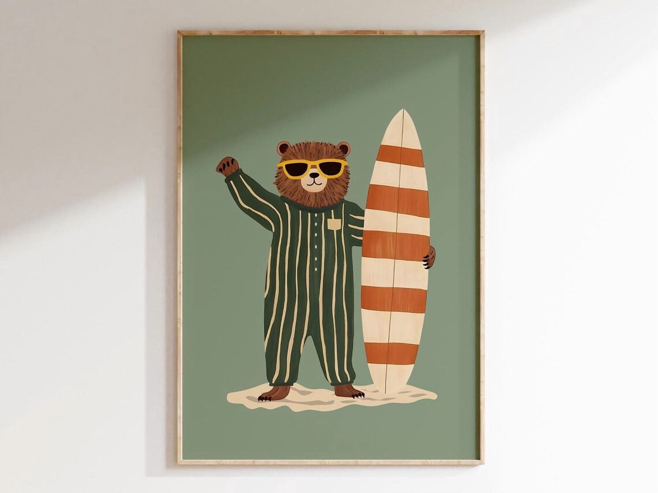 Miluva Retro Surfer Bear Wall Art Print Sage Green Kids Room Decor Surf ...