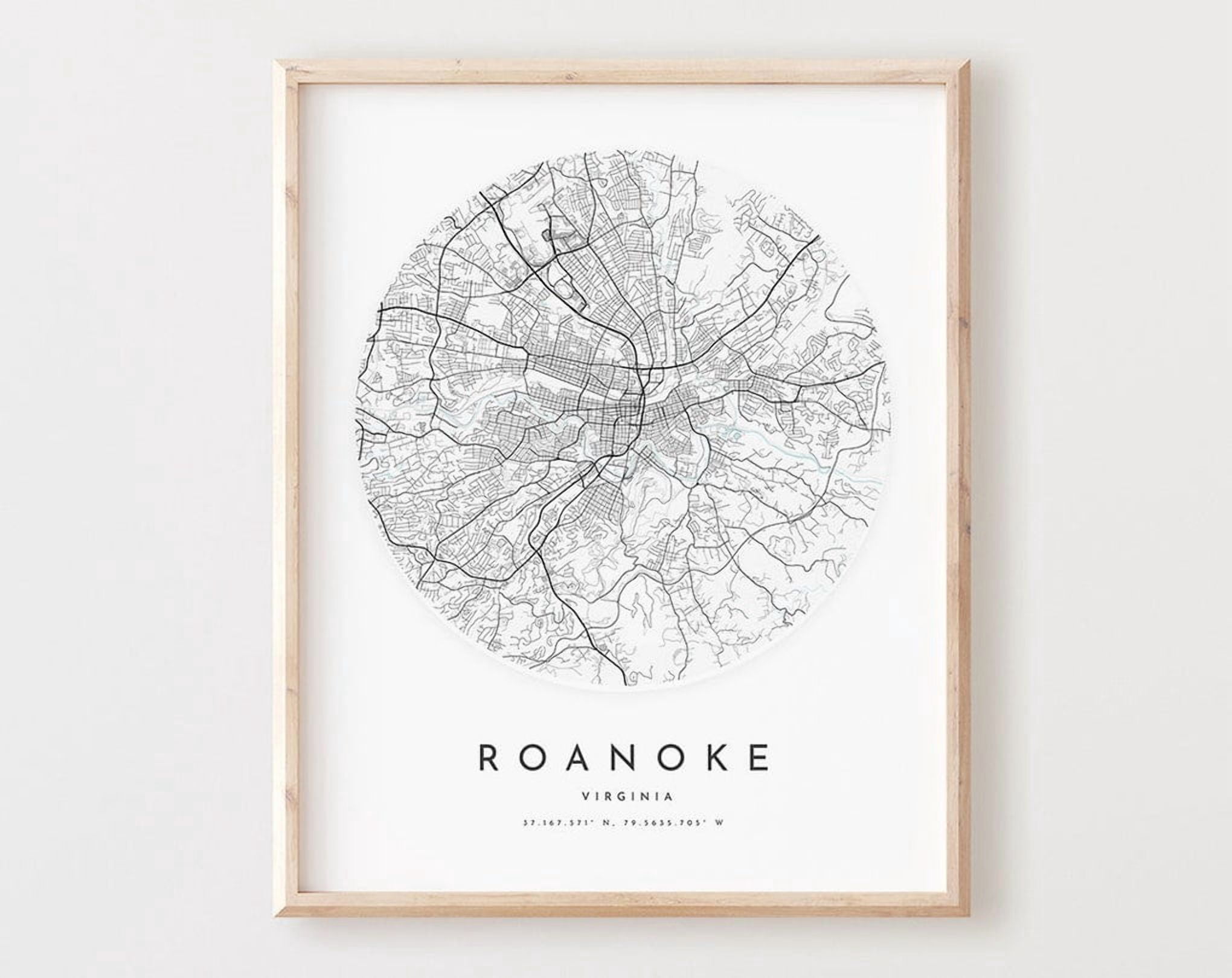 Miluva Roanoke Map Print, Roanoke Map Poster City Wall Art, Va Road Map ...
