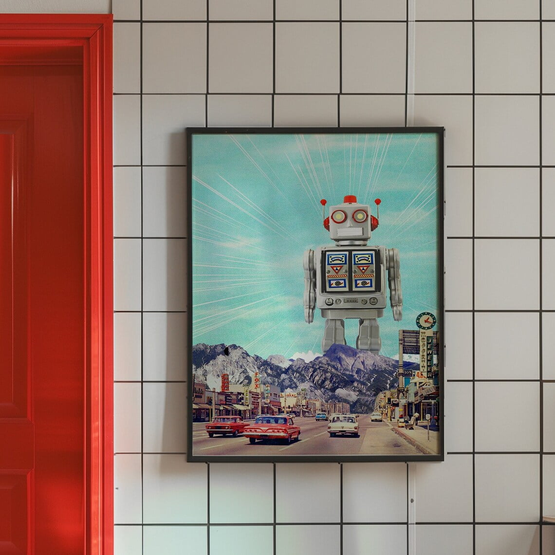 Miluva Robot In Town Art Print Sci-Fi Surreal Retro Robot Urban Road ...
