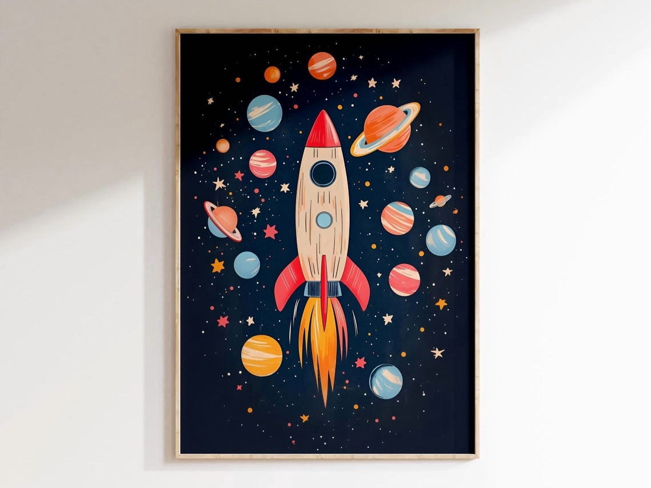 Miluva Rocket Launch Space Wall Art Print Vibrant Planet & Star Nursery ...