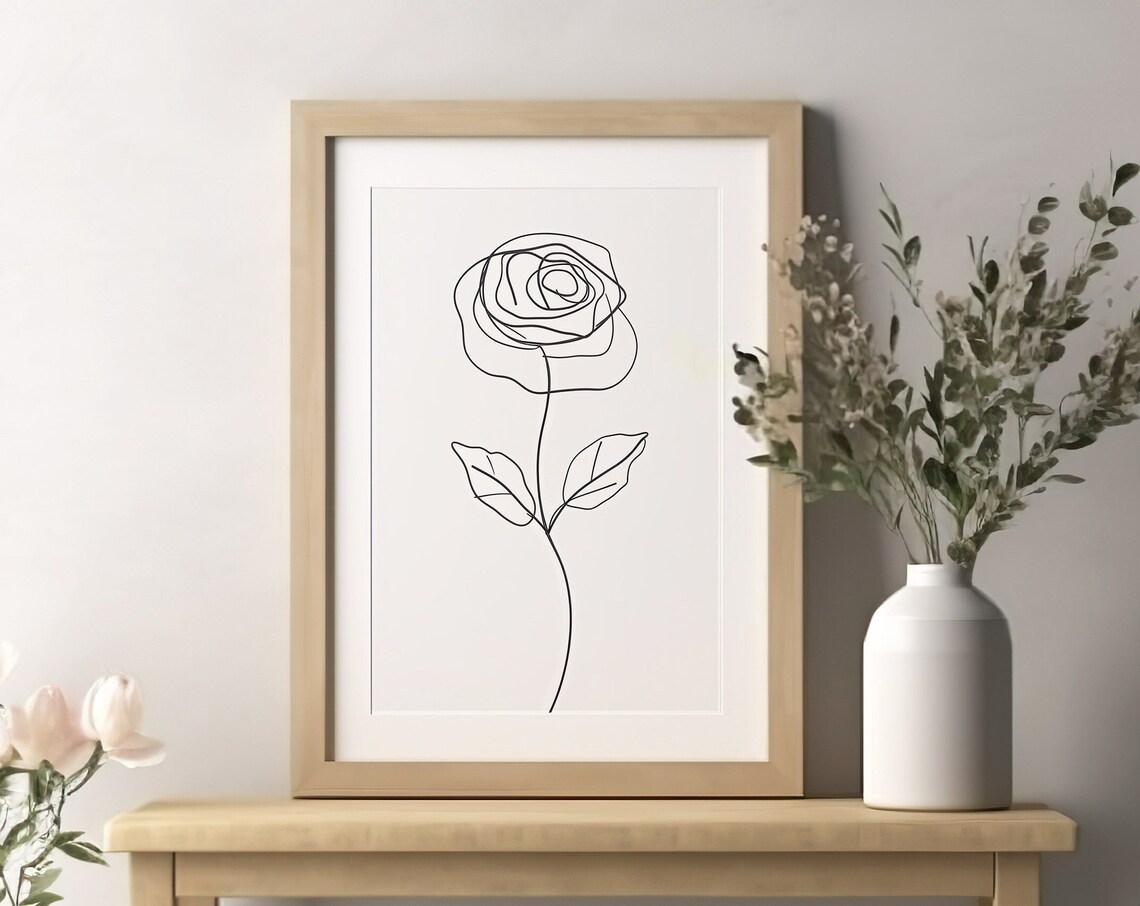 Miluva Rose Fine Line Art Print, Continuous Flower Line Art, Rose ...